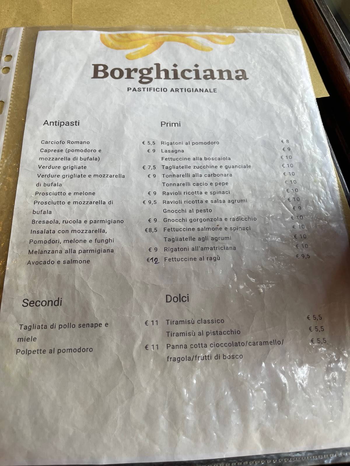 Menu at Borghiciana Pastificio Artigianale restaurant, Rome