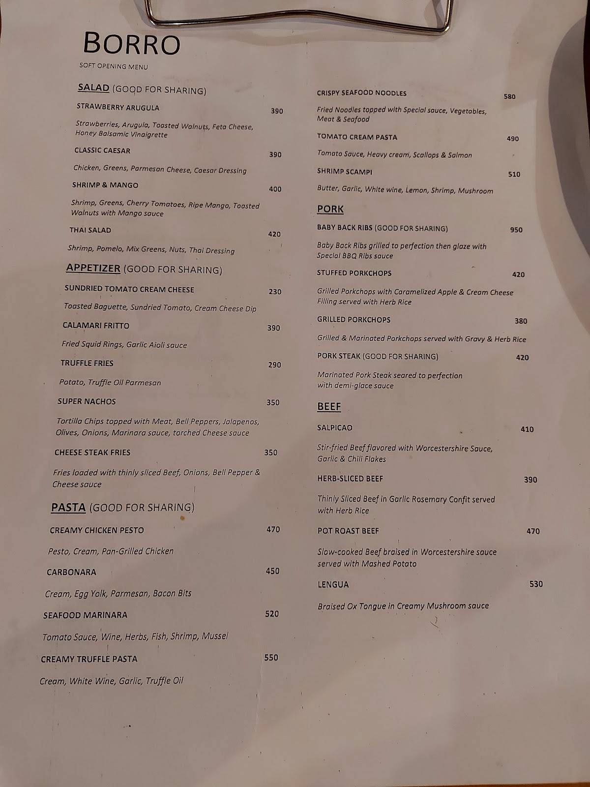 Menu at Borro restaurant, Quezon City