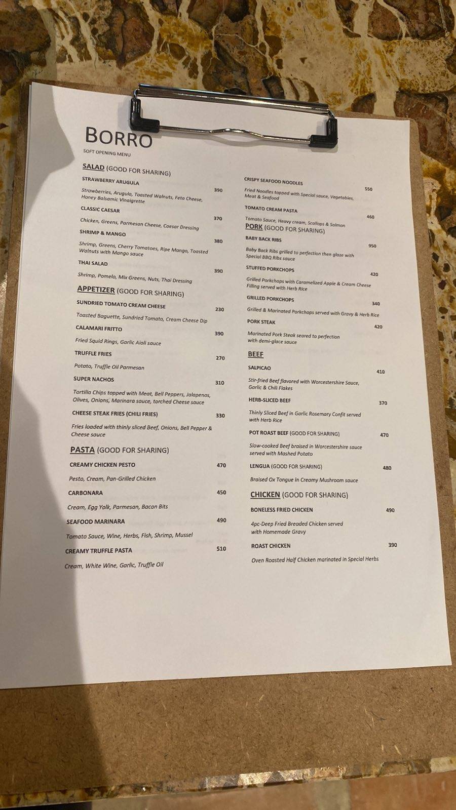 Menu at Borro restaurant, Quezon City