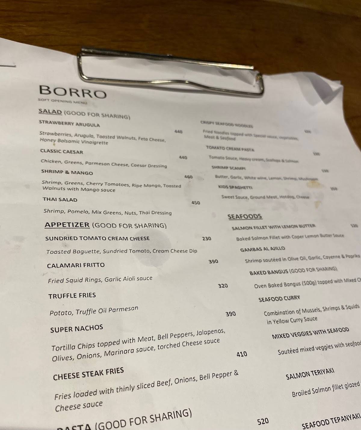 Menu at Borro restaurant, Quezon City