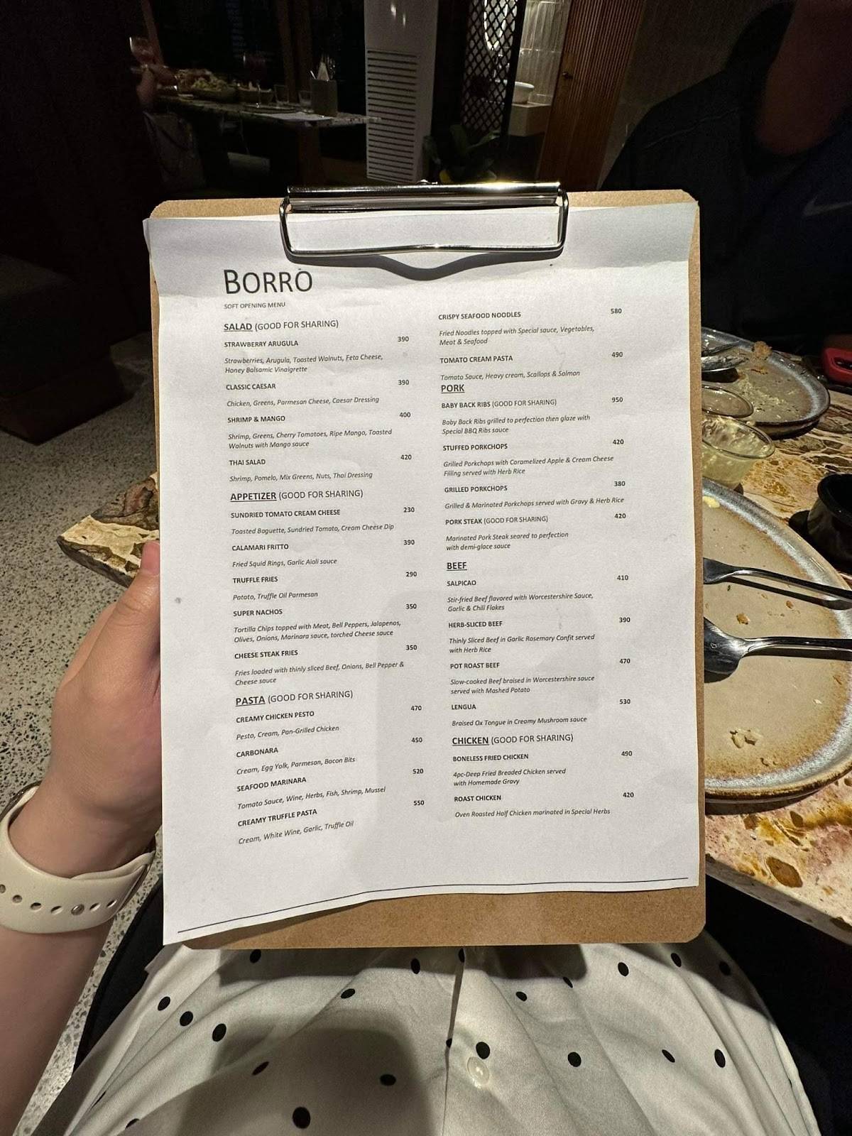 Menu at Borro restaurant, Quezon City
