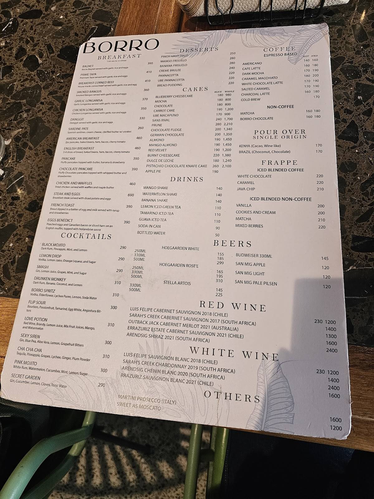 Menu at Borro restaurant, Quezon City