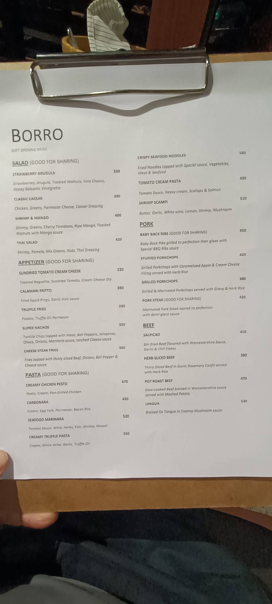 Menu at Borro restaurant, Quezon City