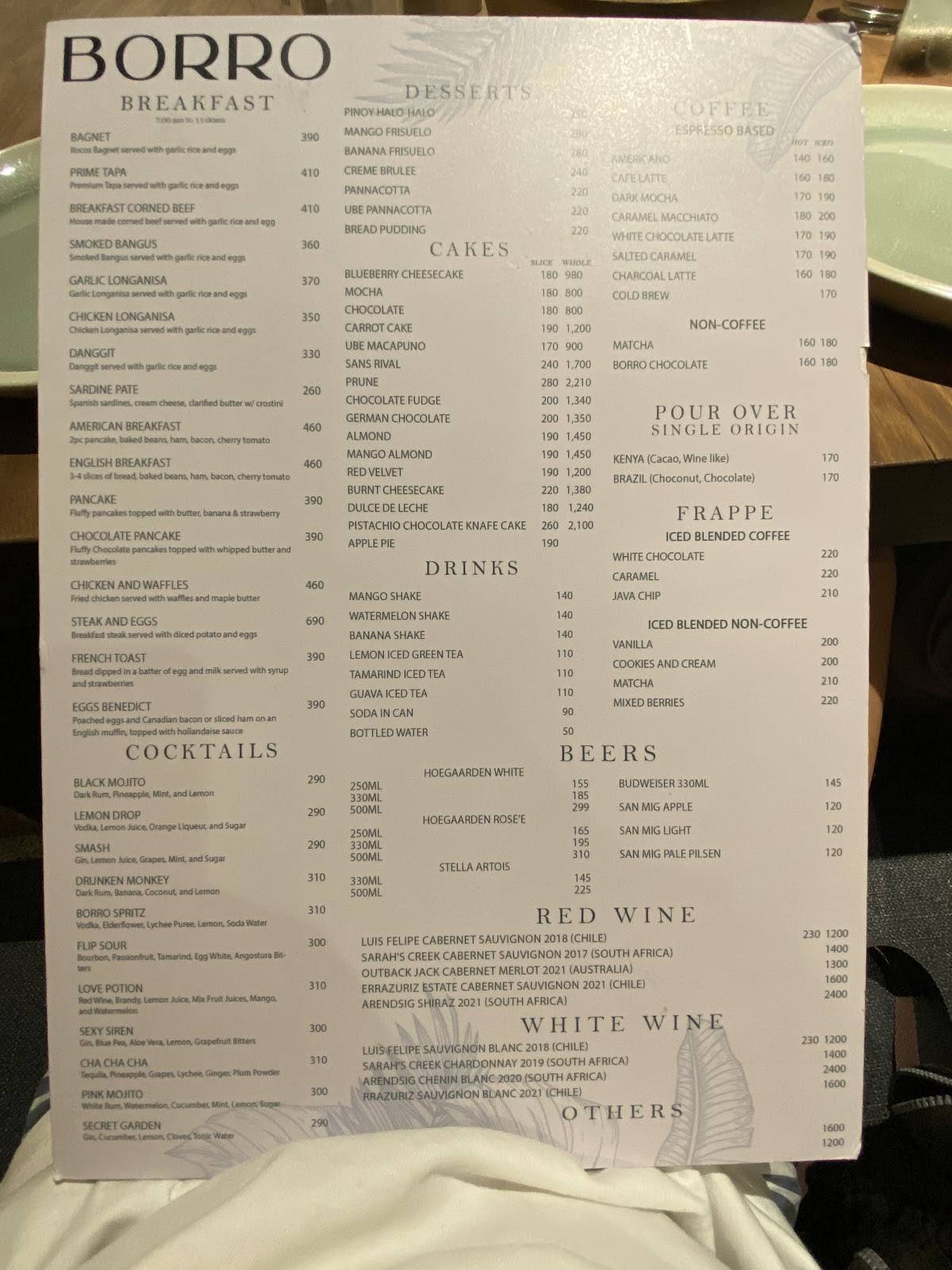 Menu at Borro restaurant, Quezon City