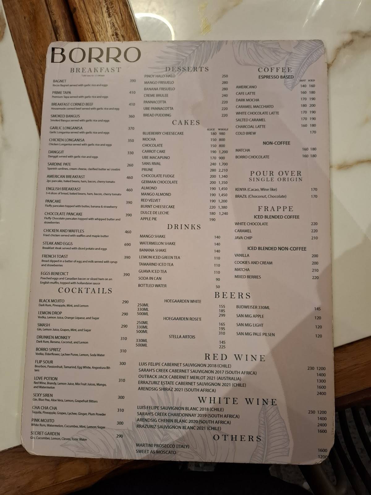 Menu at Borro restaurant, Quezon City