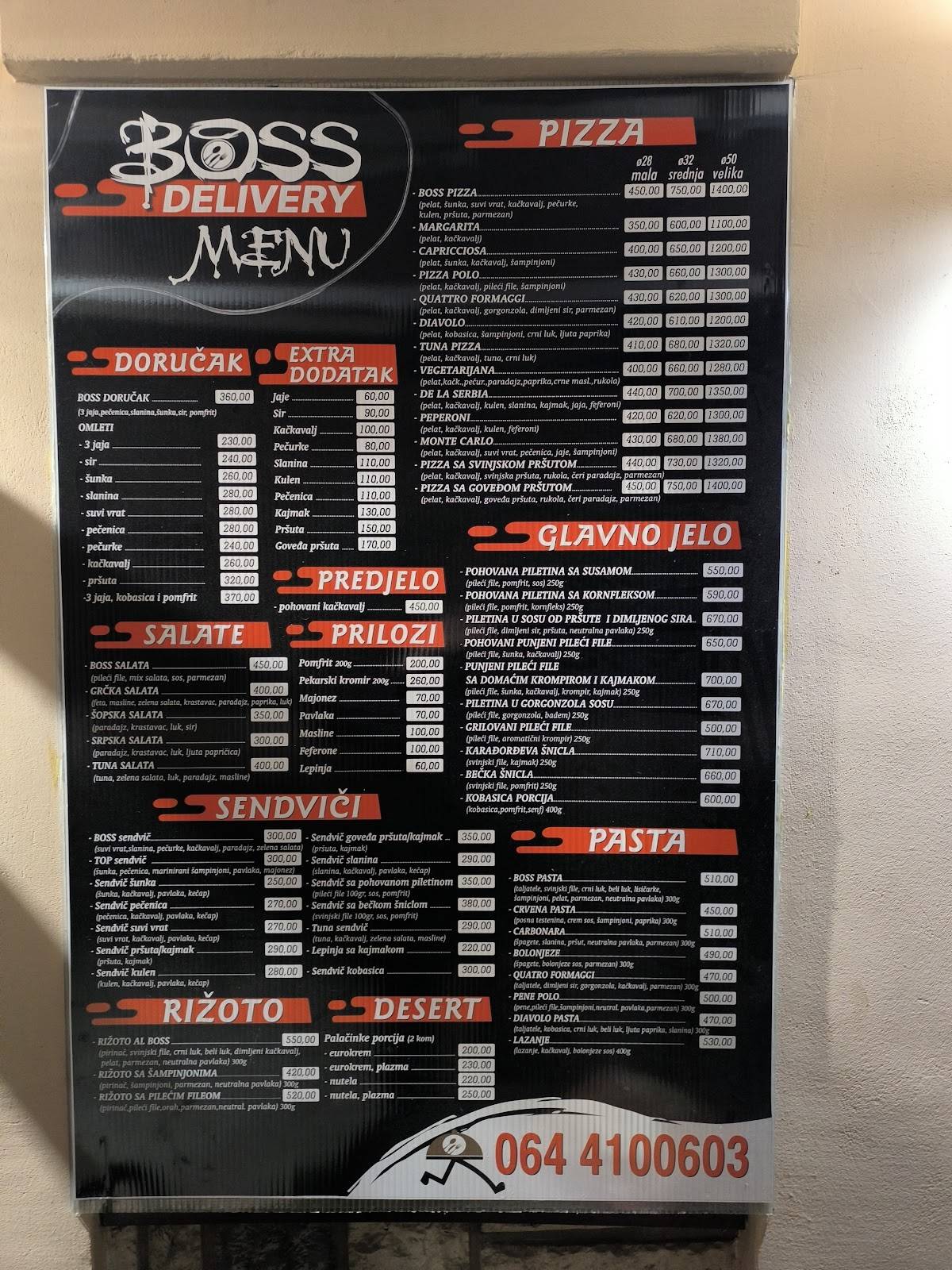 Menu at Boss cafe, Bor