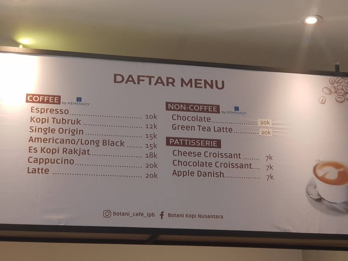 Carta del café Botani Kopi Nusantara, Cibanteng