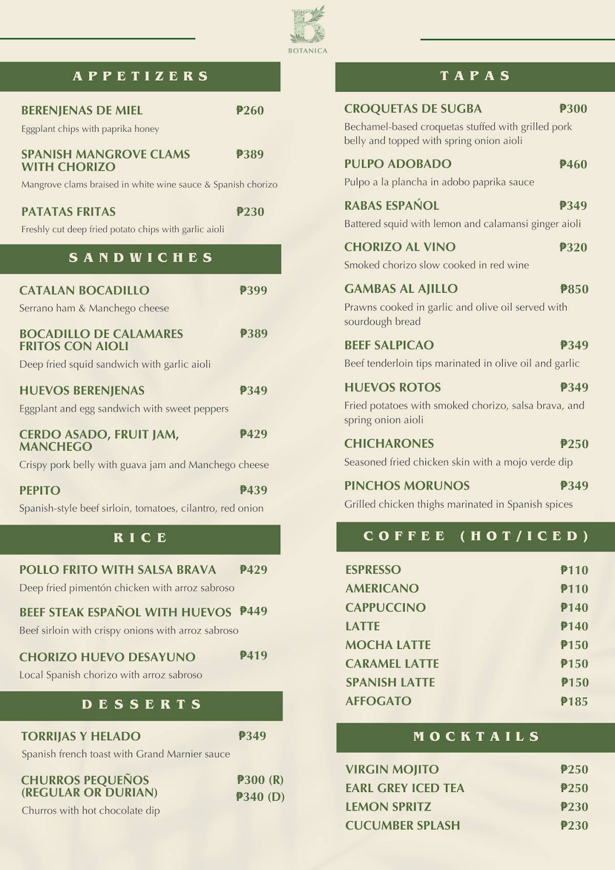 Menu at Botanica pub & bar, Davao City