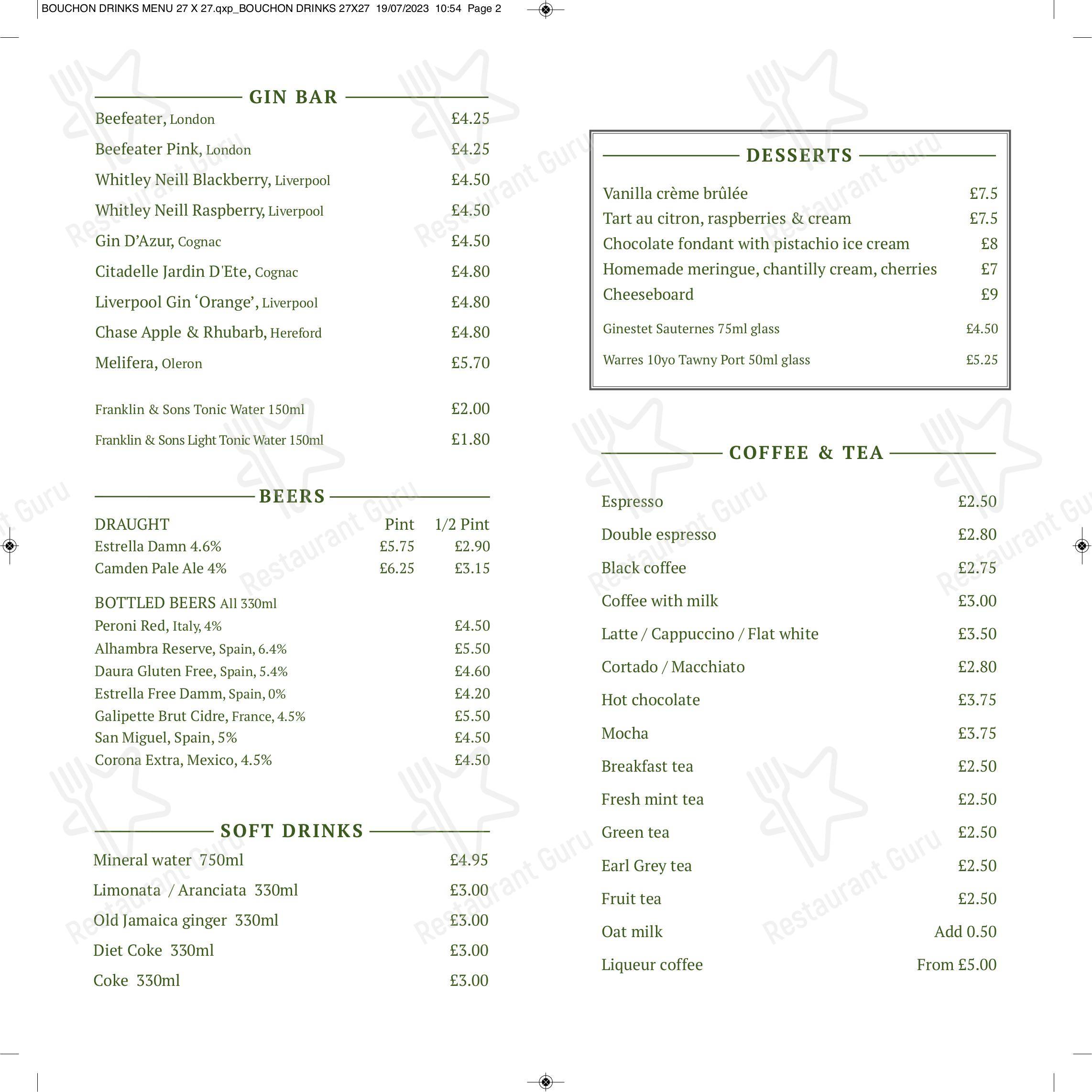 Menu at Bouchon restaurant, Liverpool