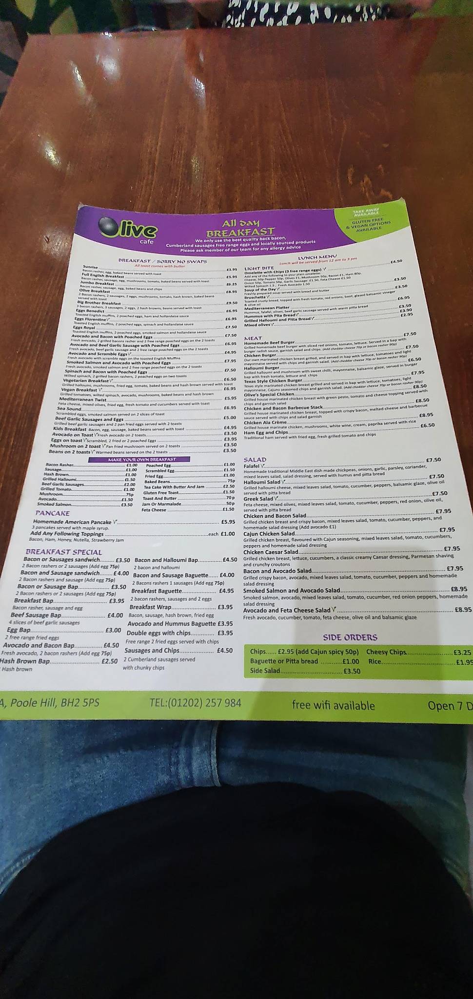 Menu at Olive Cafe, Bournemouth