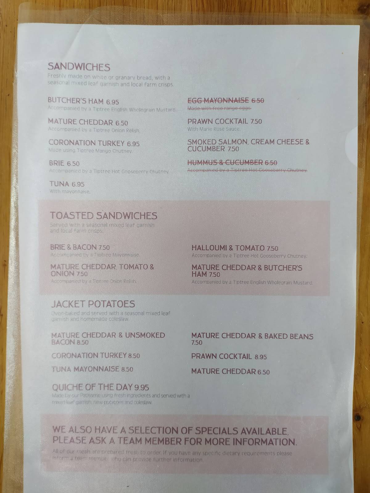 Menu at Tiptree Tea Rooms at The Barns, Cressing Temple, Braintree ...