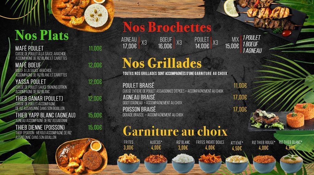 Menu au Braisé D'Afrique Gastronomie Africaine restaurant, Meaux