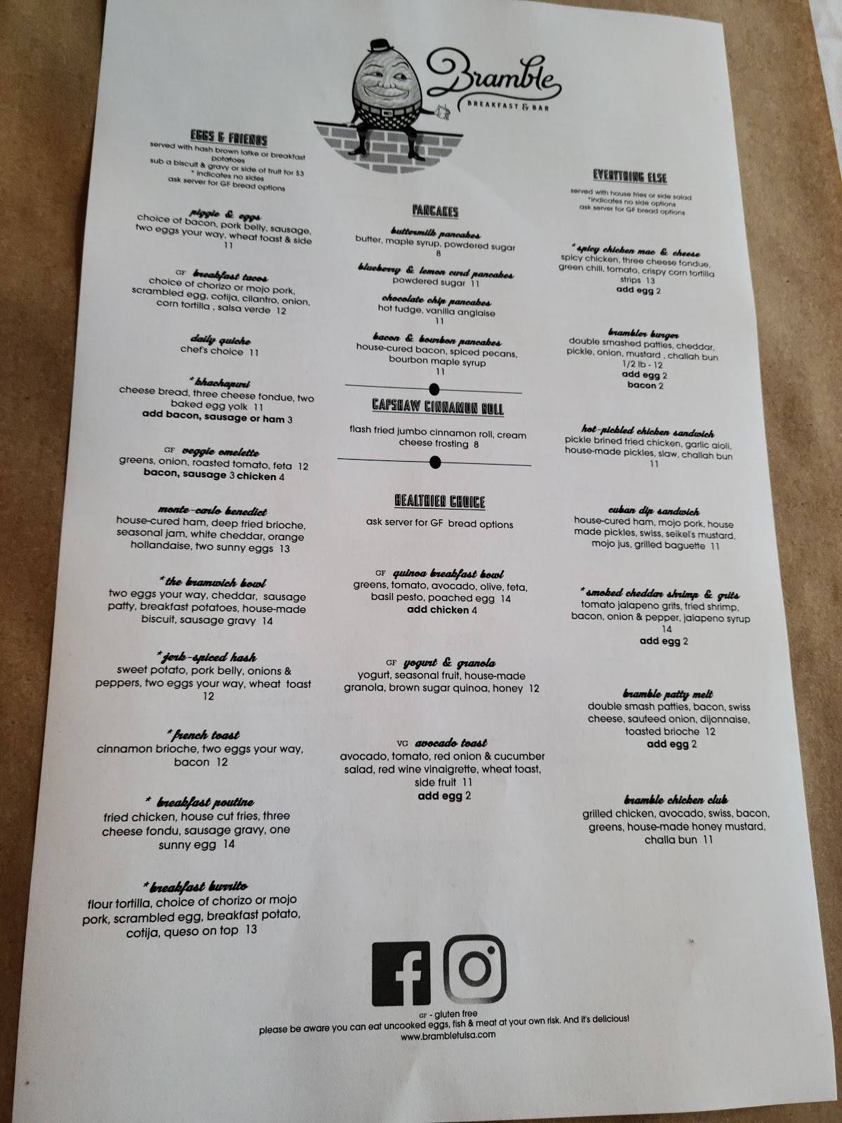 Menu at Bramble Breakfast & Bar - Downtown, Tulsa, E 6th St