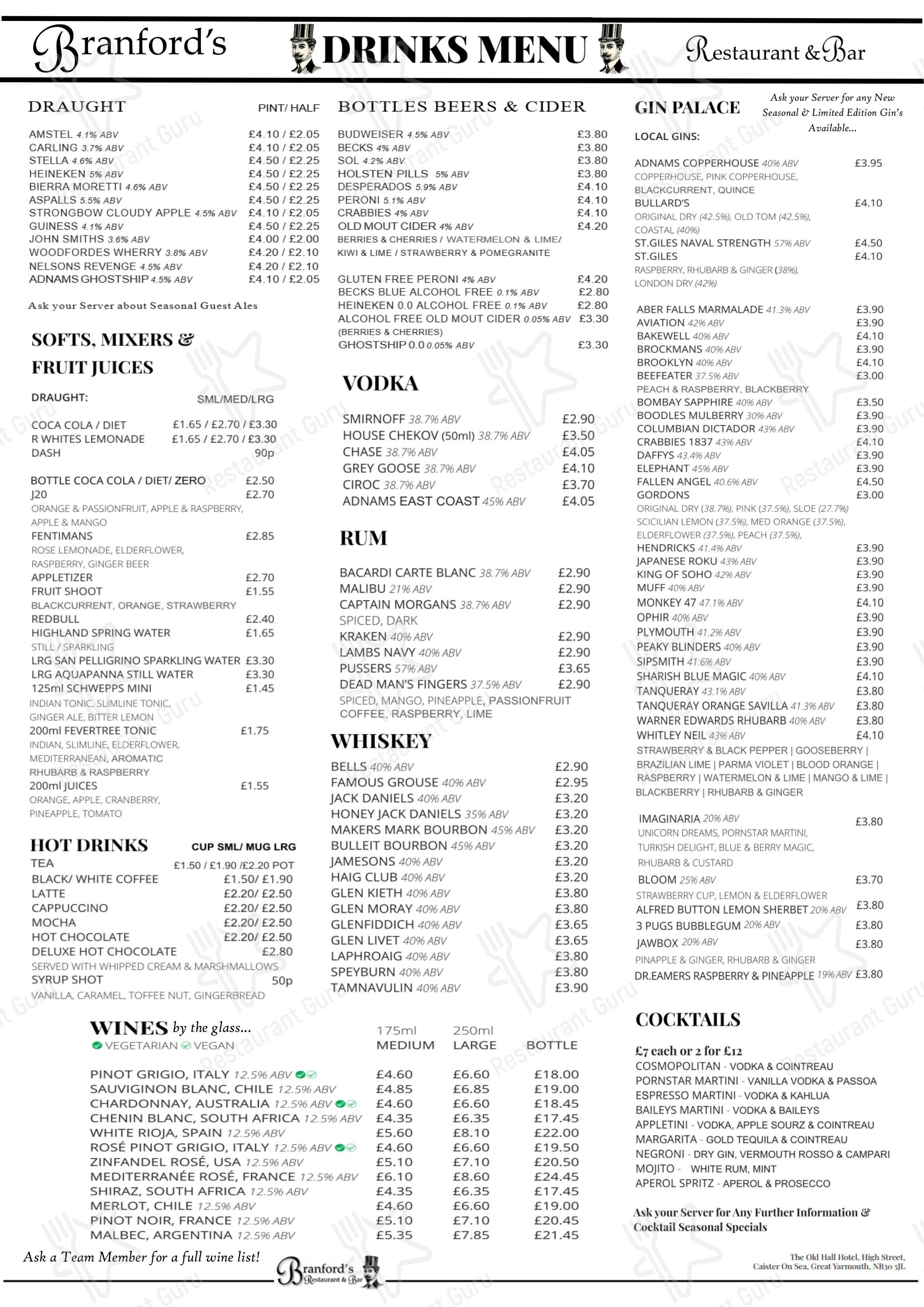 Menu at Branford's Restaurant & Bar, Great Yarmouth