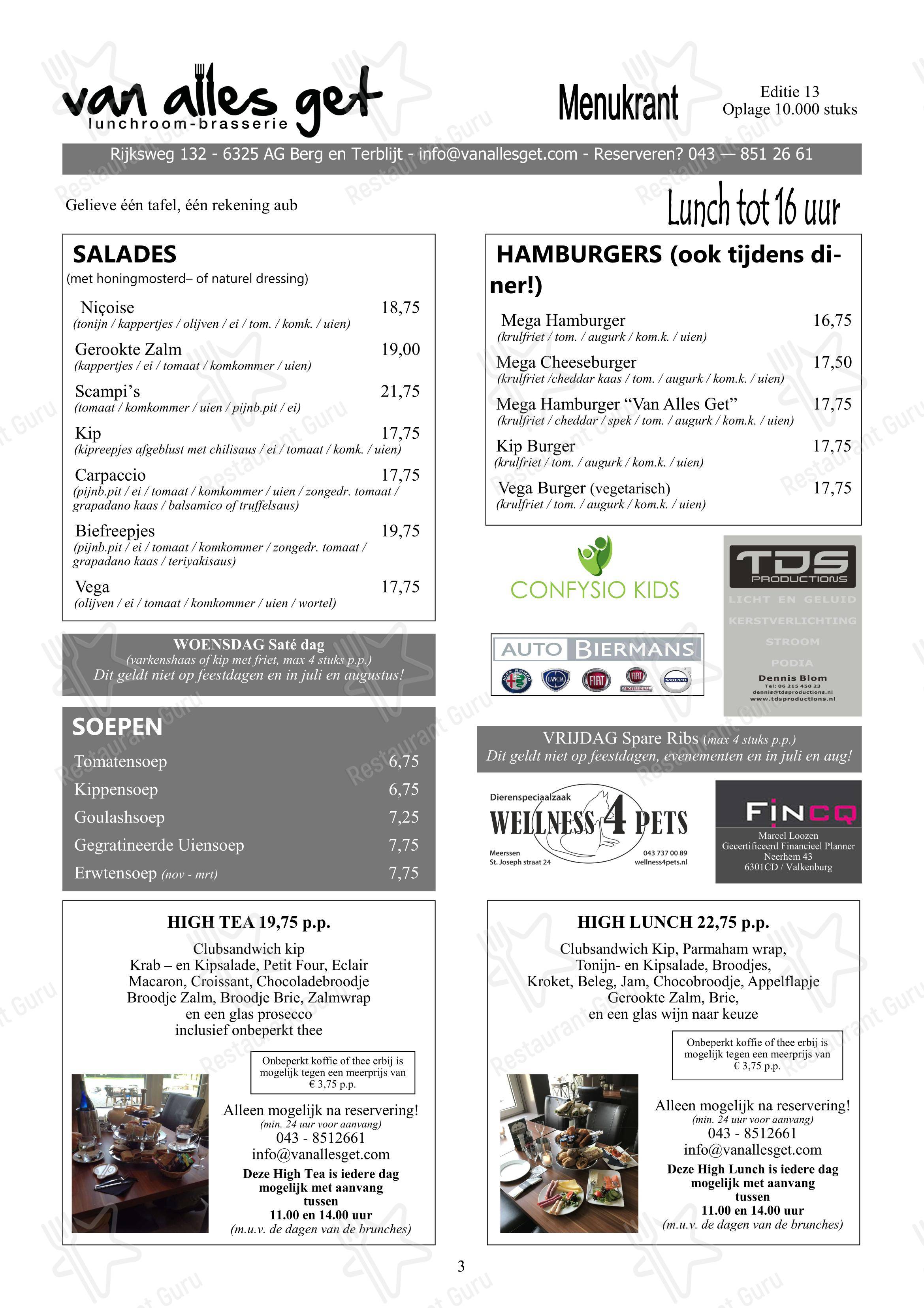 Menu bij Brasserie Van Alles Get restaurant, Berg en Terblijt