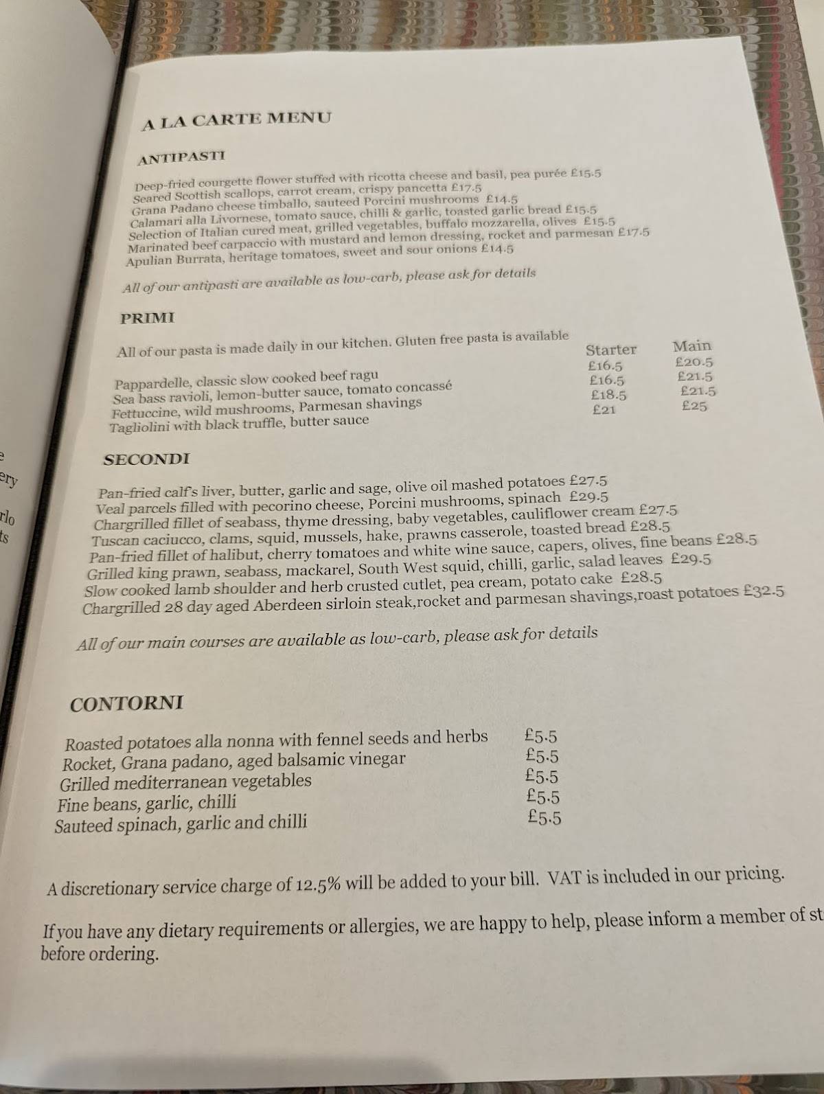 Menu at Caldesi in Campagna - Italian Restaurant, Bray