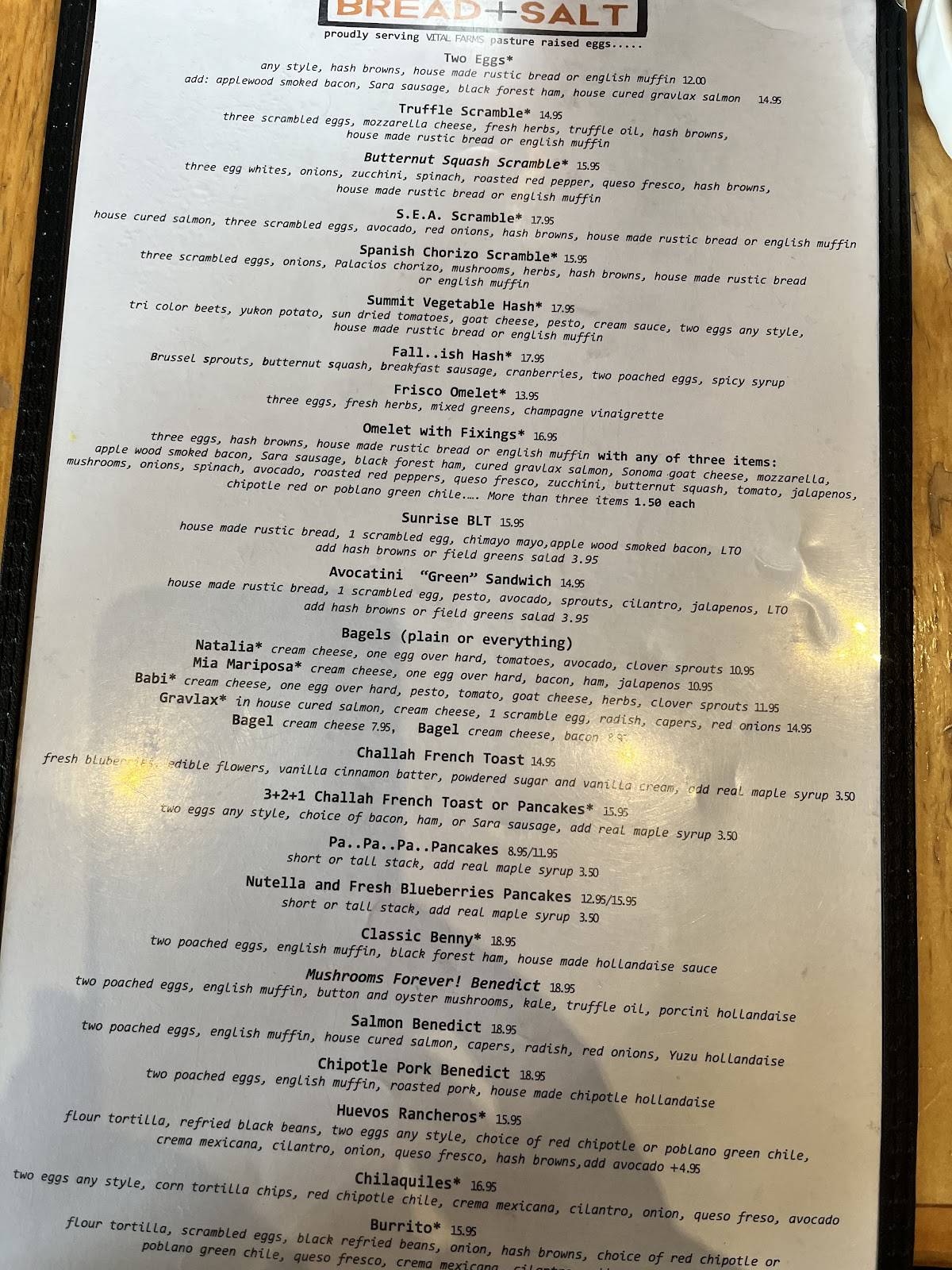 Menu at Bread+Salt restaurant, Frisco