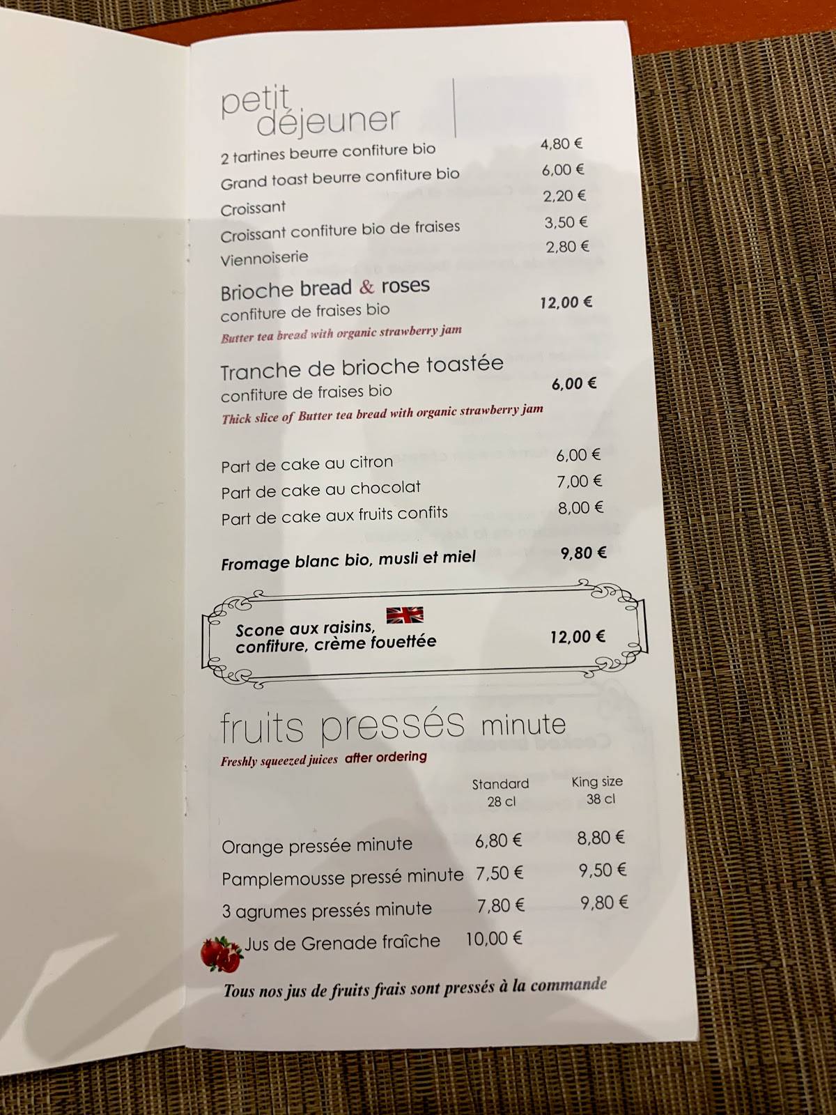 Menu at Bread & Roses restaurant, Paris, 25 Rue Boissy d'Anglas