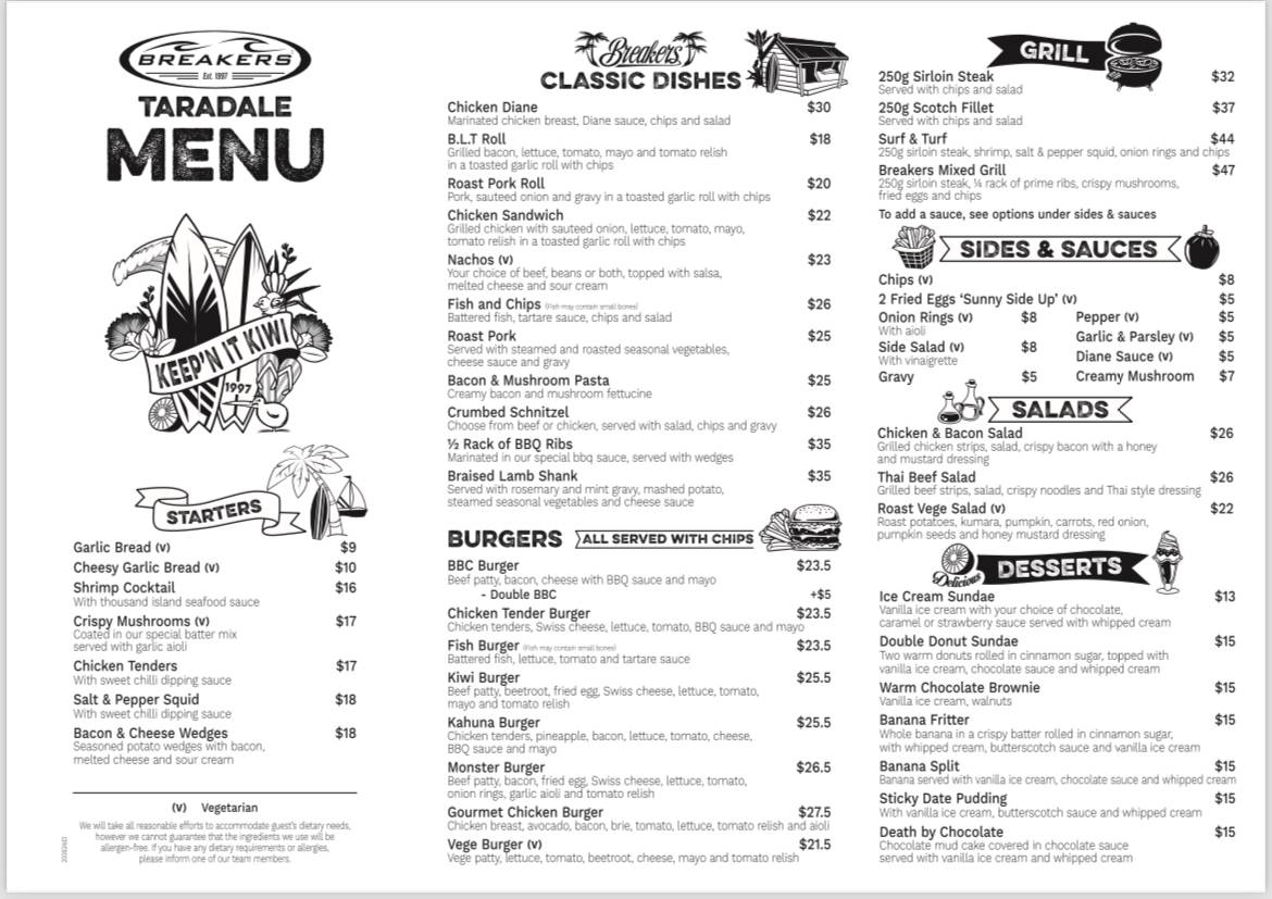 Menu at Breakers Taradale restaurant, Napier