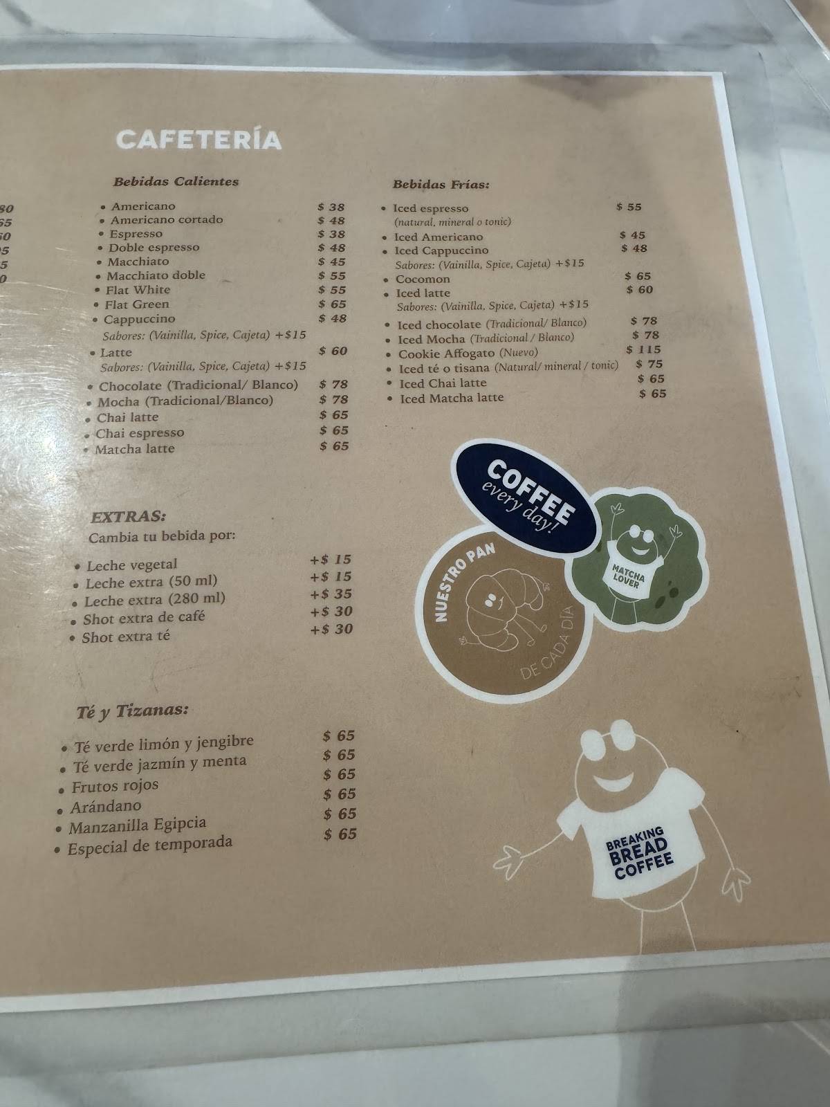Menu at Breaking Bread Coffee cafeteria, Puebla City
