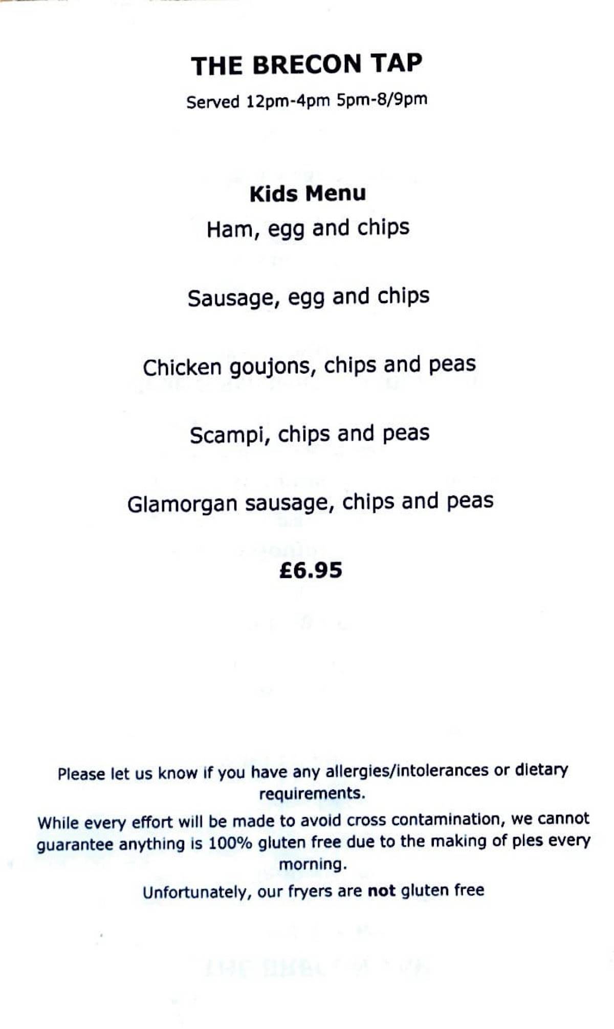 Menu at Brecon Tap pub & bar, Brecon