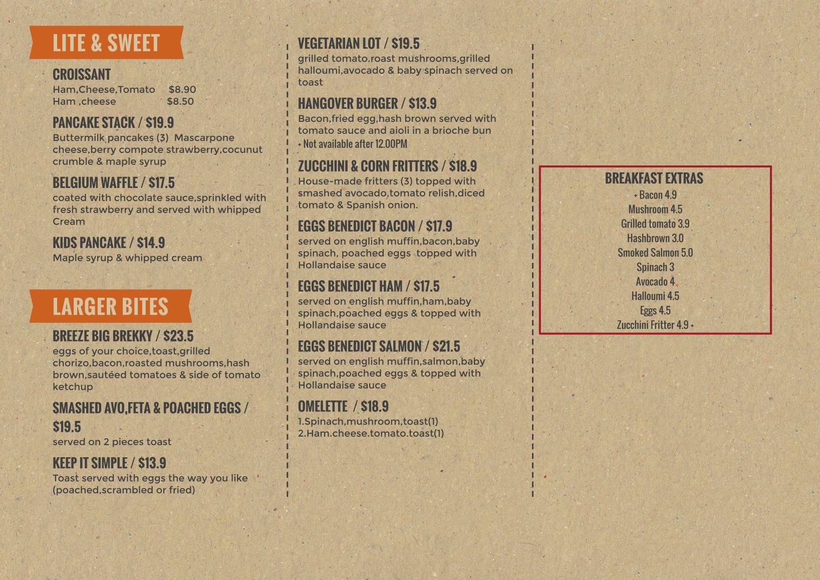 Menu at Breeze Cafe & Bar, Aldinga Beach