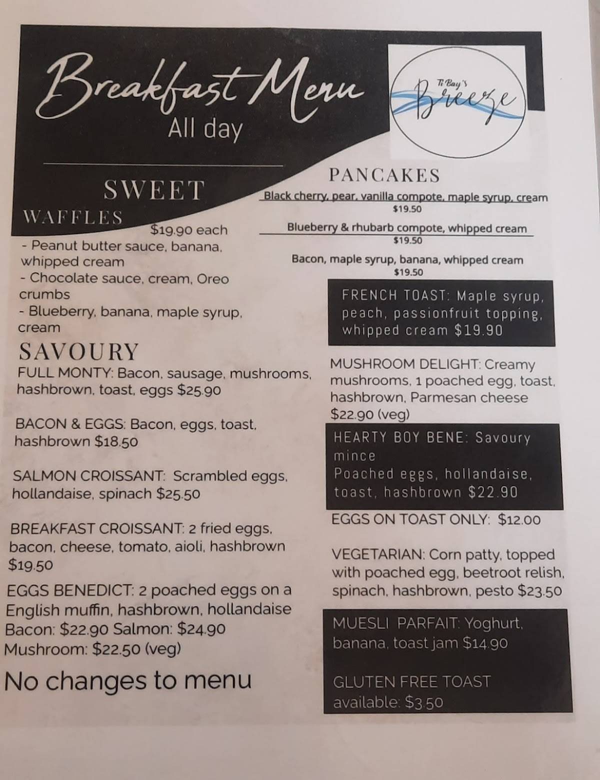 Menu at Breeze Cafe and Grill, Paihia