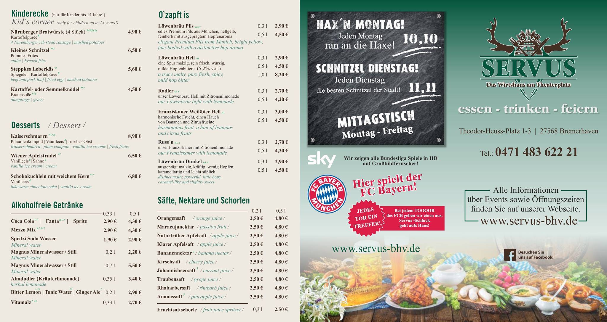 Speisekarte von Servus - Bremerhaven restaurant, Bremerhaven