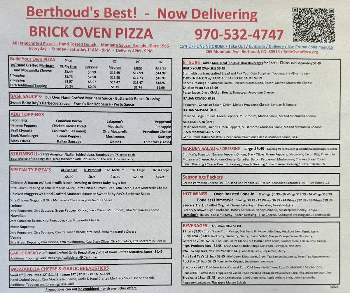 Menu at Brick Oven Pizza pizzeria, Berthoud