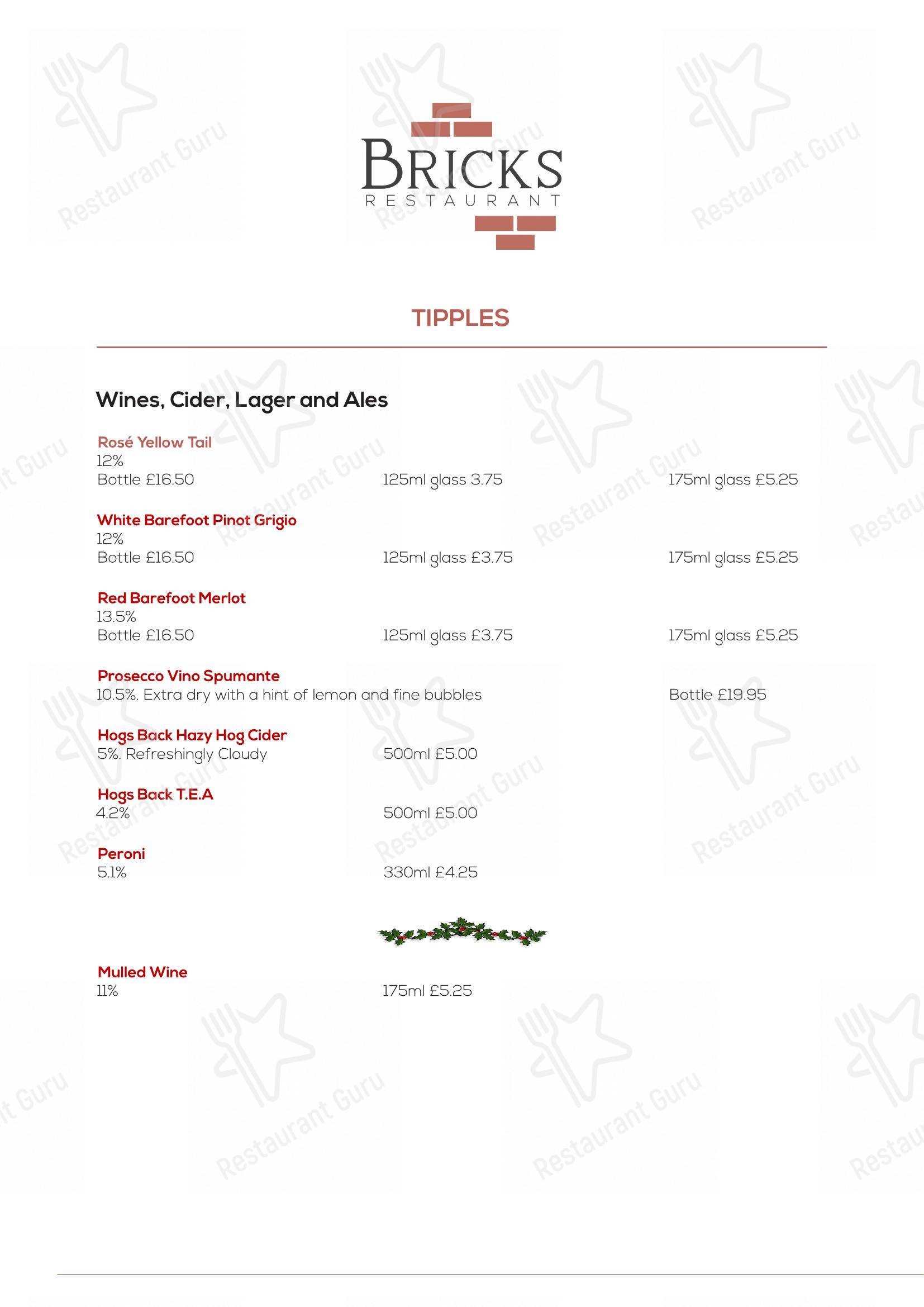 Menu at Bricks Coffee Shop cafe, Cranleigh, Smithbrook Kilns
