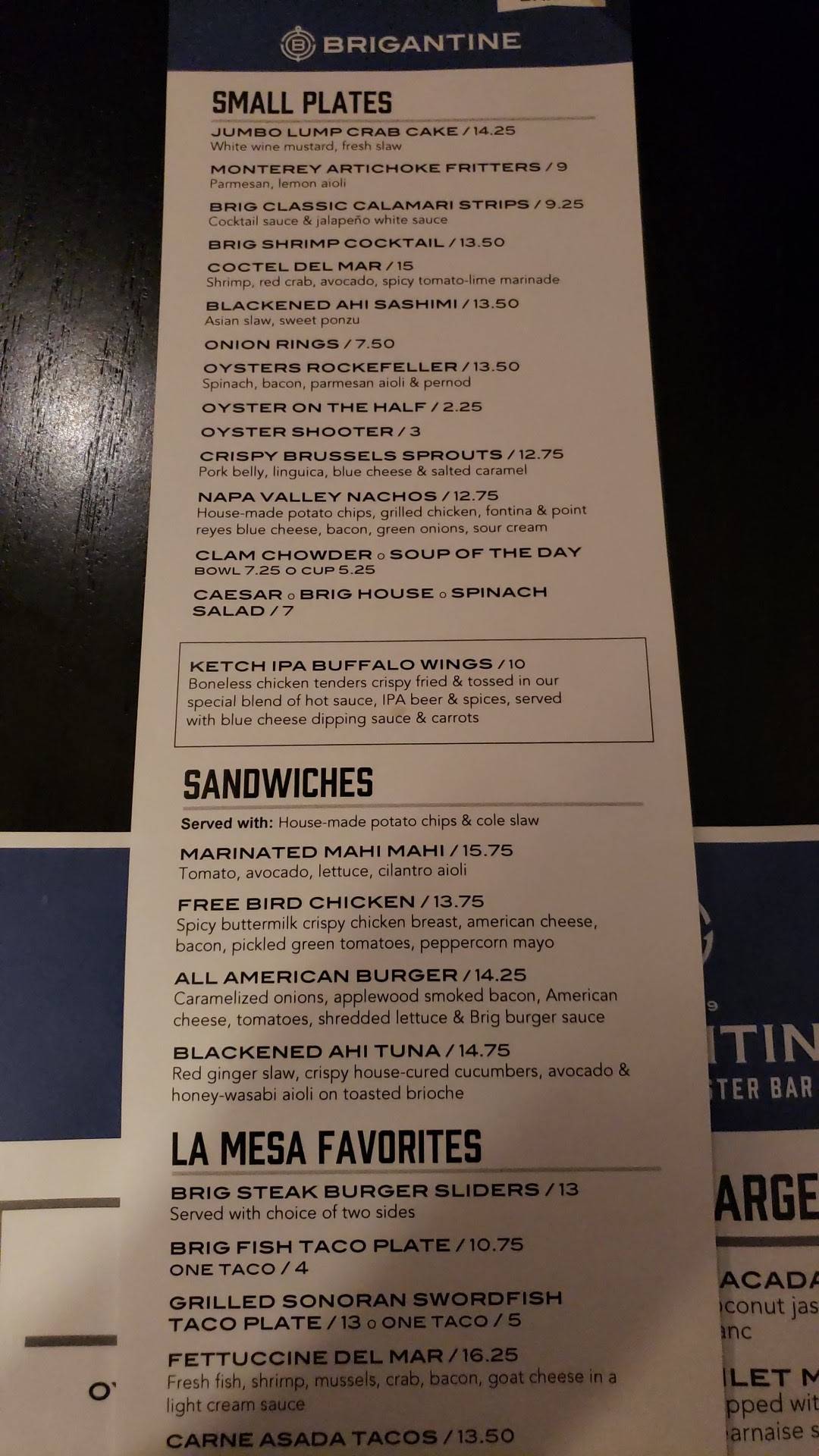 Menu at Brigantine Seafood & Oyster Bar, La Mesa, Fuerte Dr