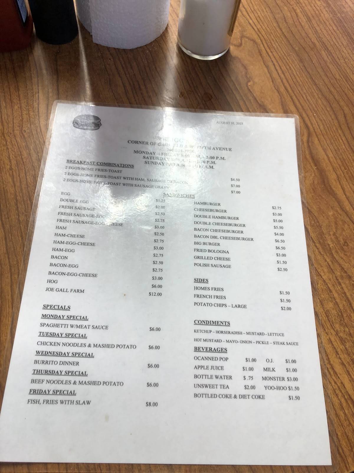 Menu at Brigg's Sandwiches restaurant, Lancaster