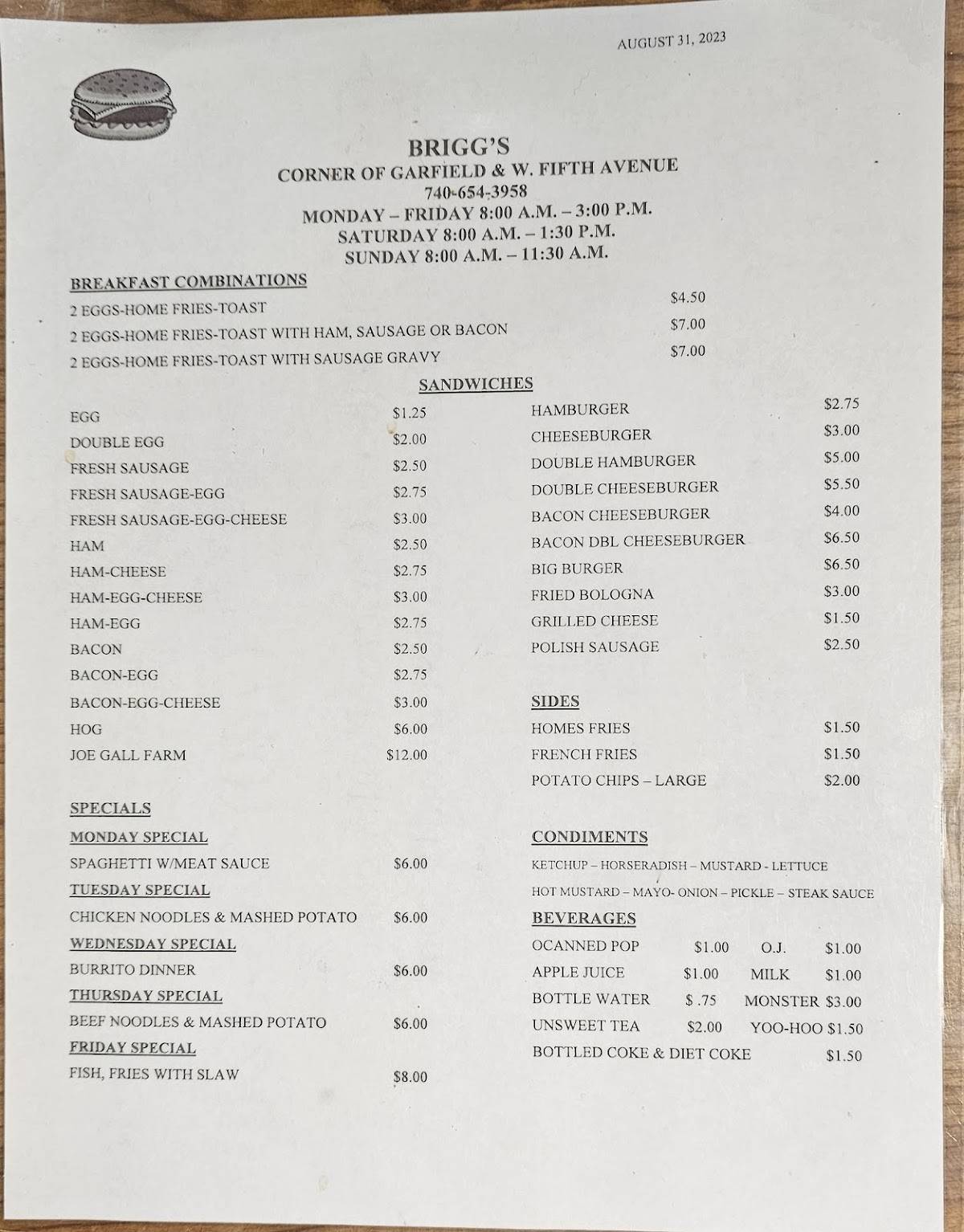 Menu at Brigg's Sandwiches restaurant, Lancaster