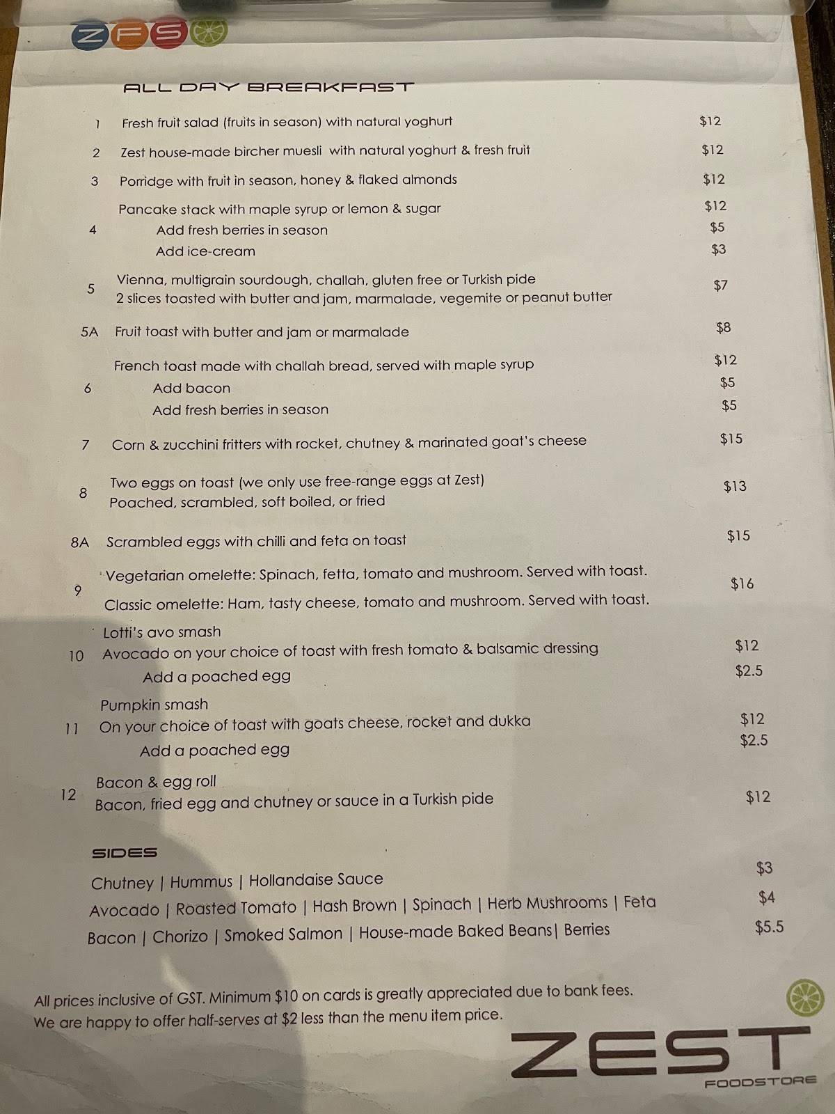 Menu at Zest in Food restaurant, Brighton East