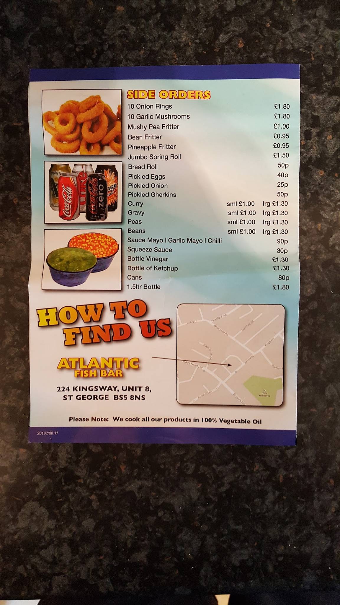 Menu at Atlantic Fish Bar, Bristol, 224 Kingsway
