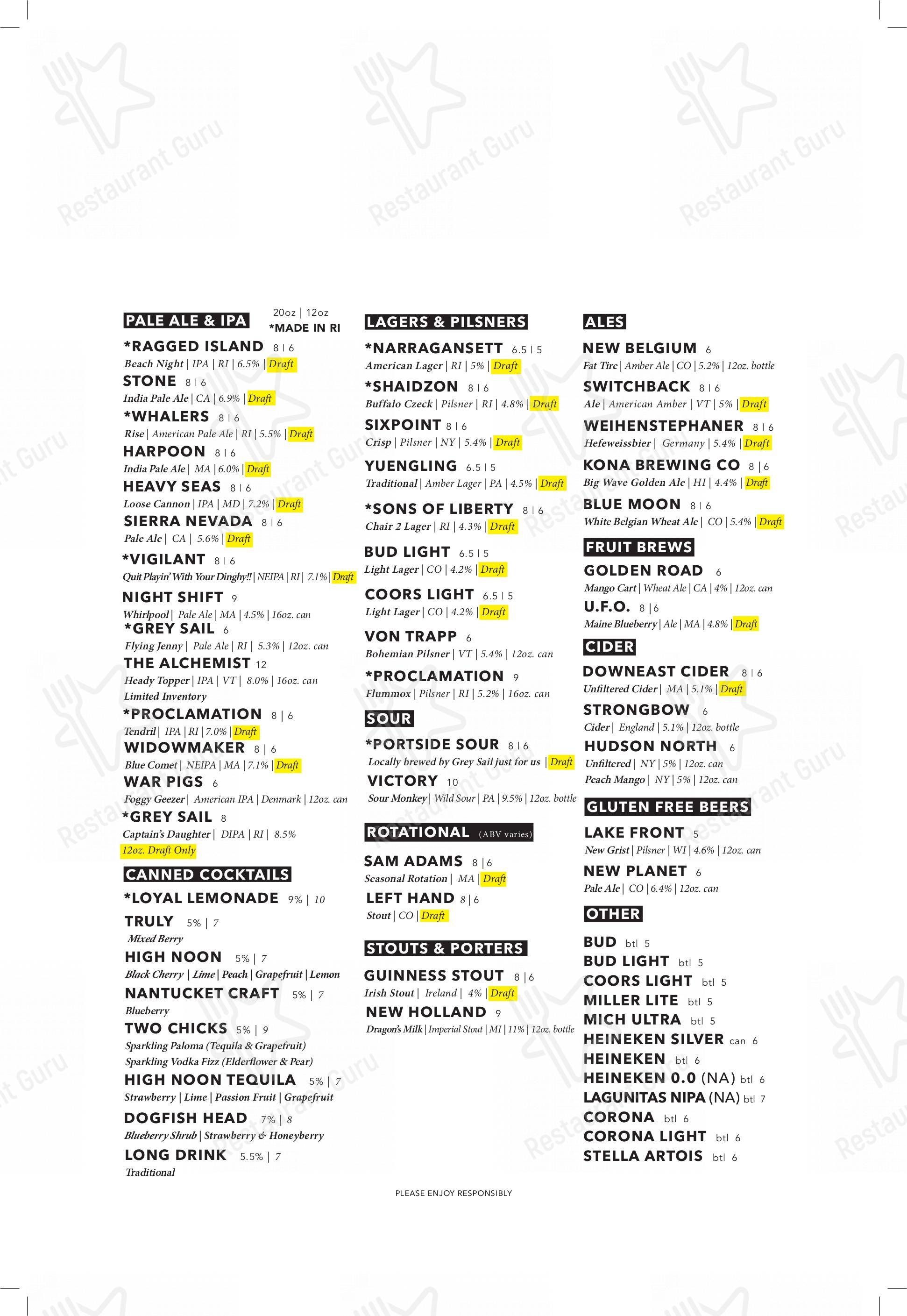 Menu at Portside Tavern pub & bar, Bristol
