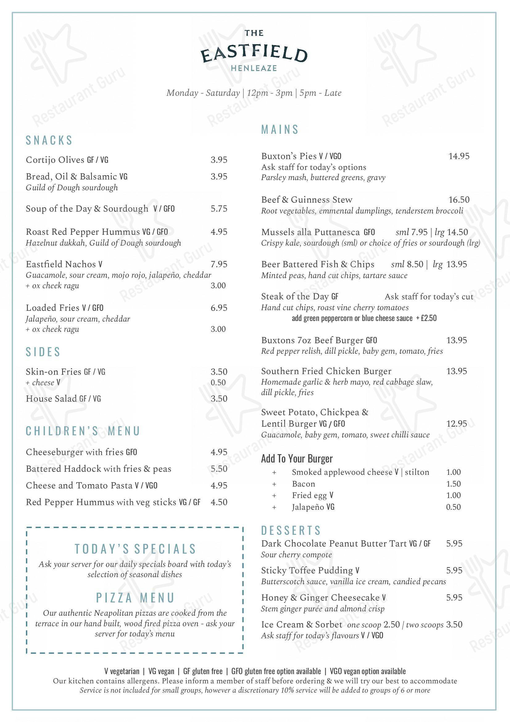 Menu at The Eastfield pub & bar, Bristol