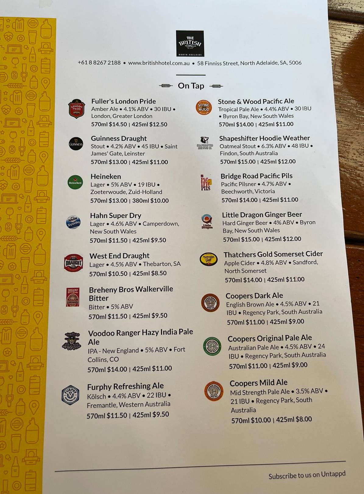 Menu at British Hotel pub & bar, North Adelaide