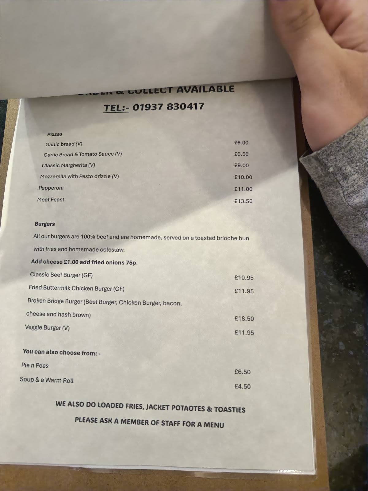 Menu at Broken Bridge pub & bar, Tadcaster