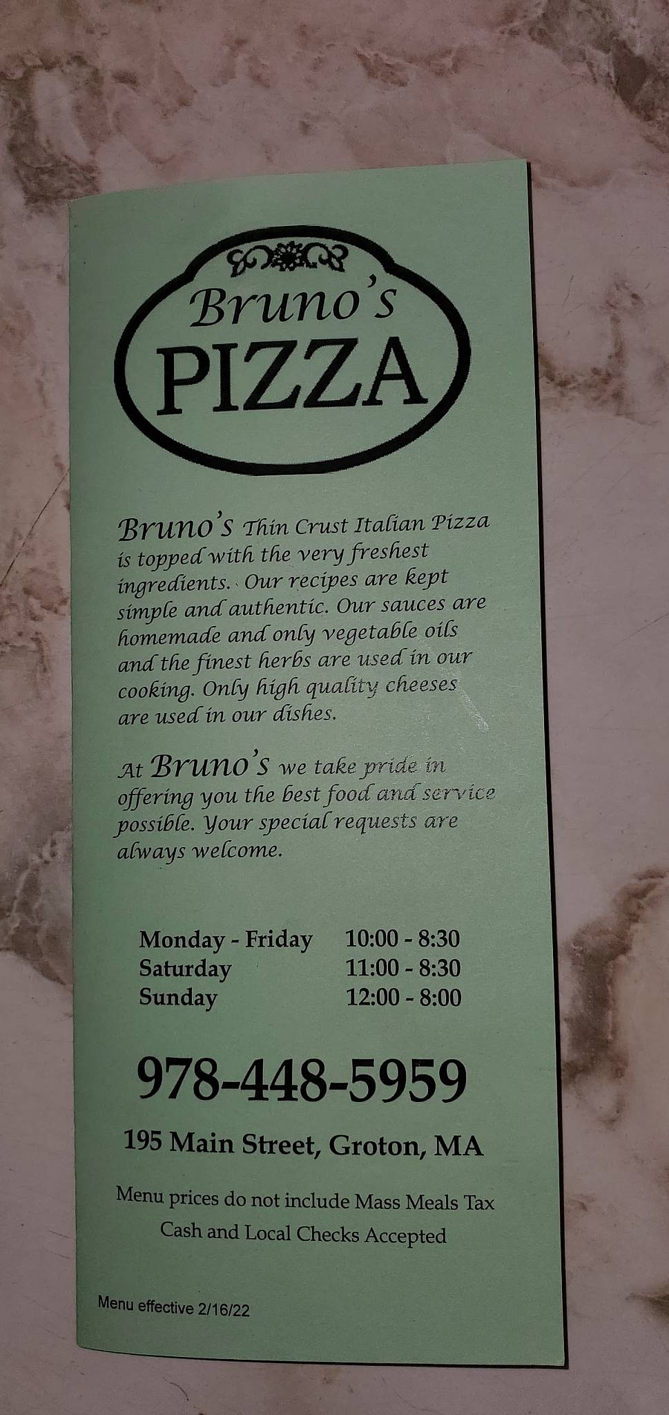 Menu at Bruno's Pizza pizzeria, Groton, 195 Main St