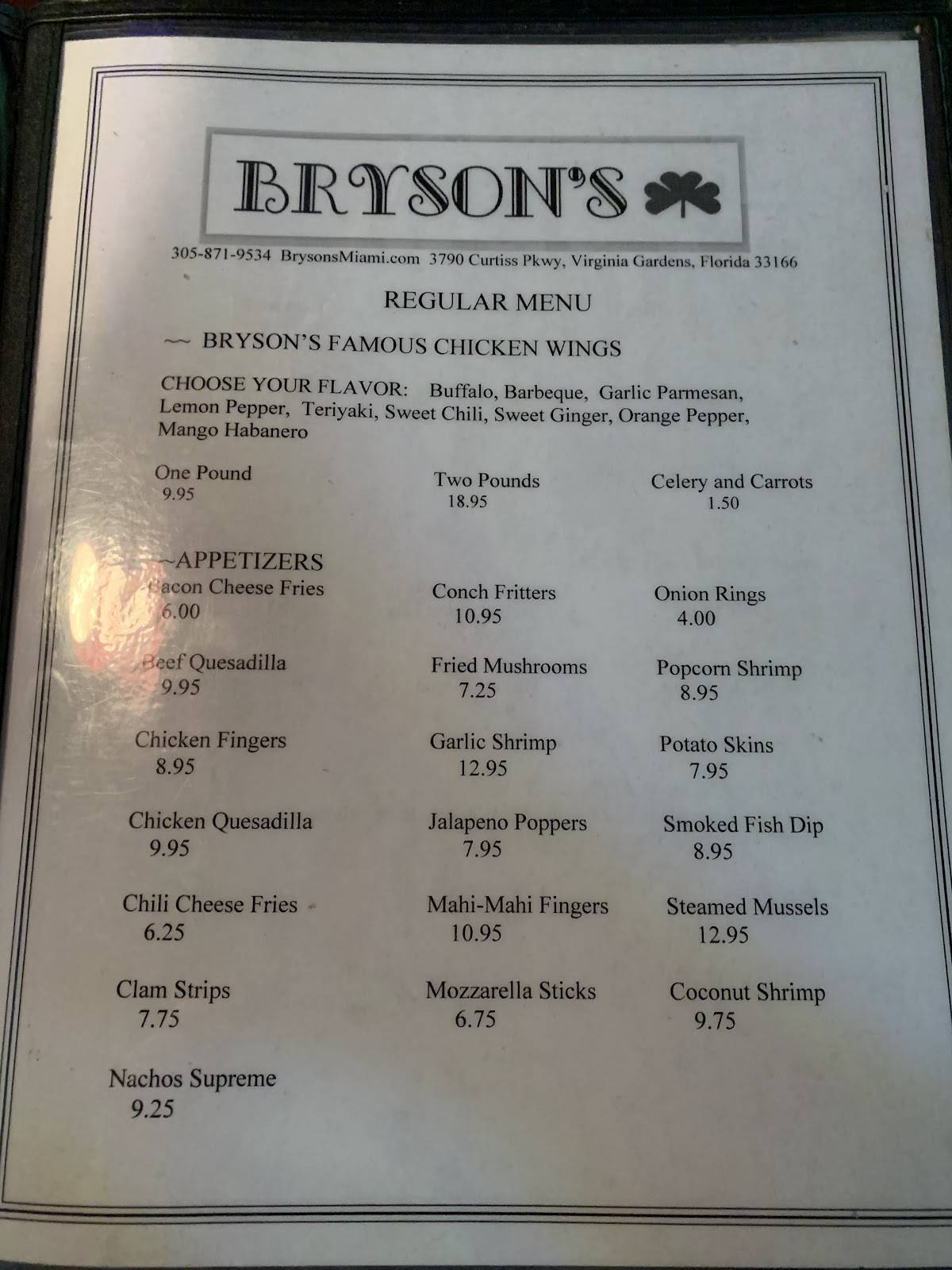 Menu at Bryson's Irish Pub, Virginia Gardens