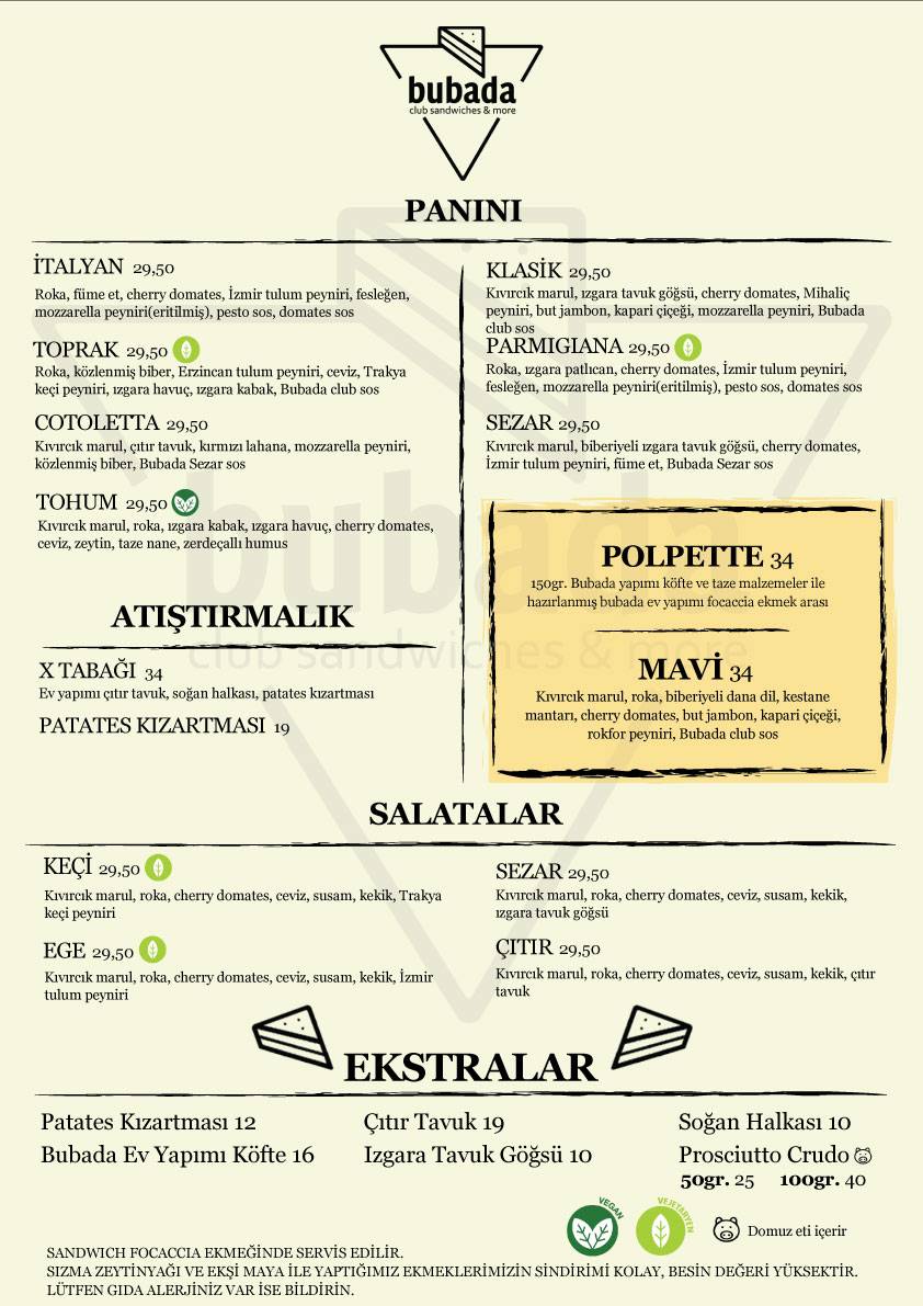 Menu at Bubada Club Sandwiches & More, Istanbul