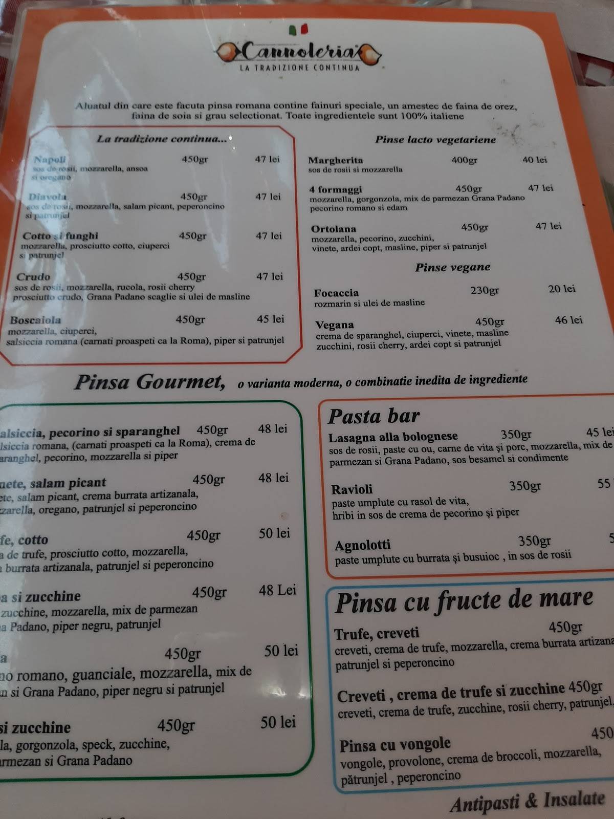 Menu at Cannoleria Decebal, Bucharest