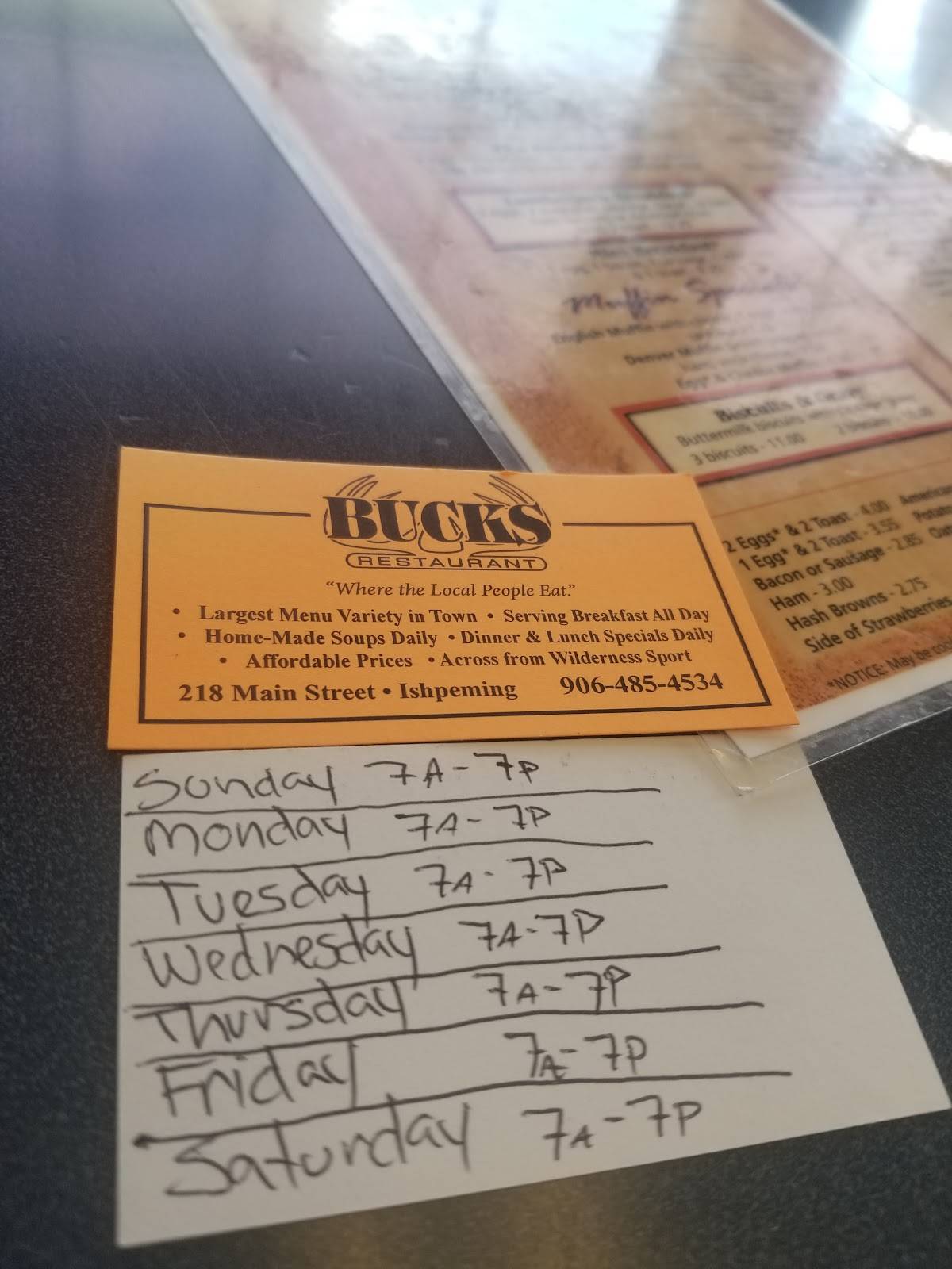 Menu at Buck's Restaurant, Ishpeming
