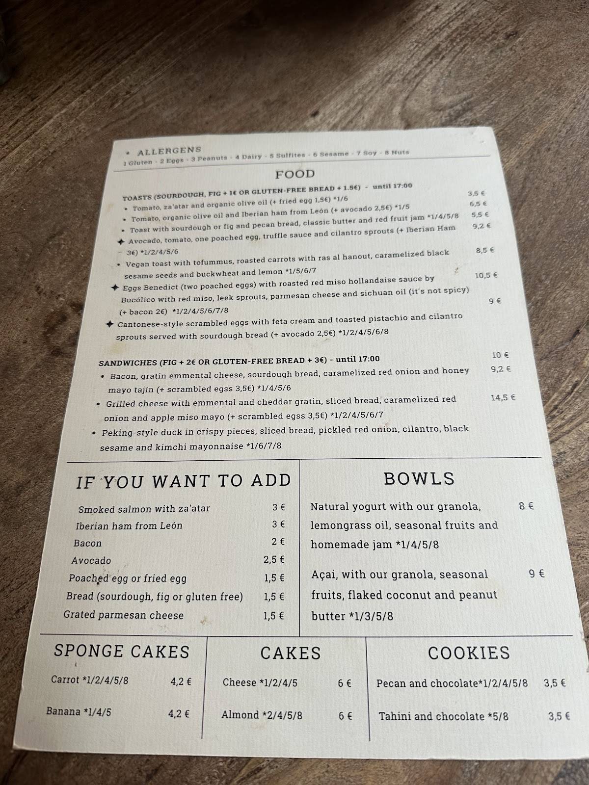 Carta de Bucólico Café, Madrid