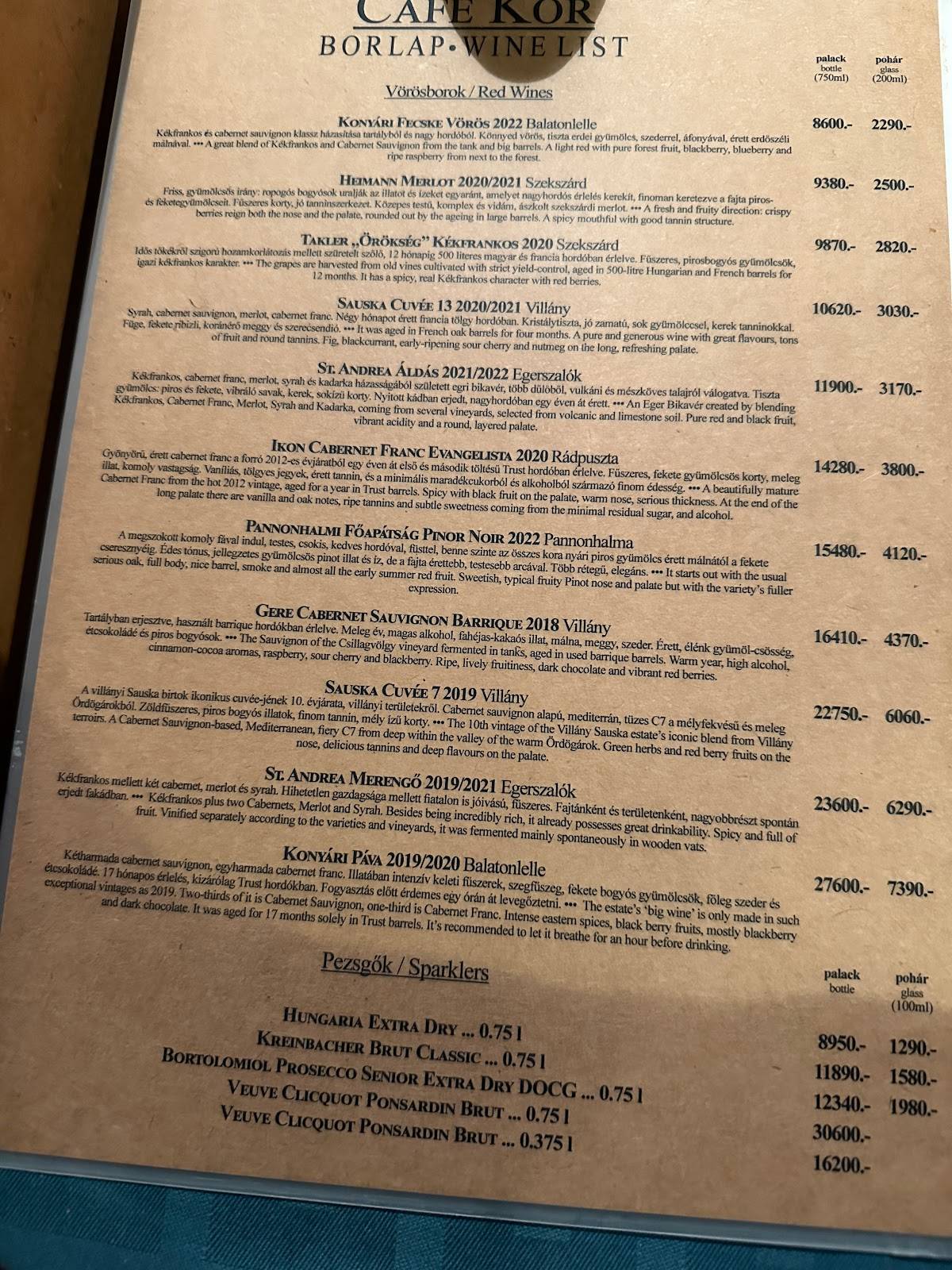 Menu at Café Kör restaurant, Budapest