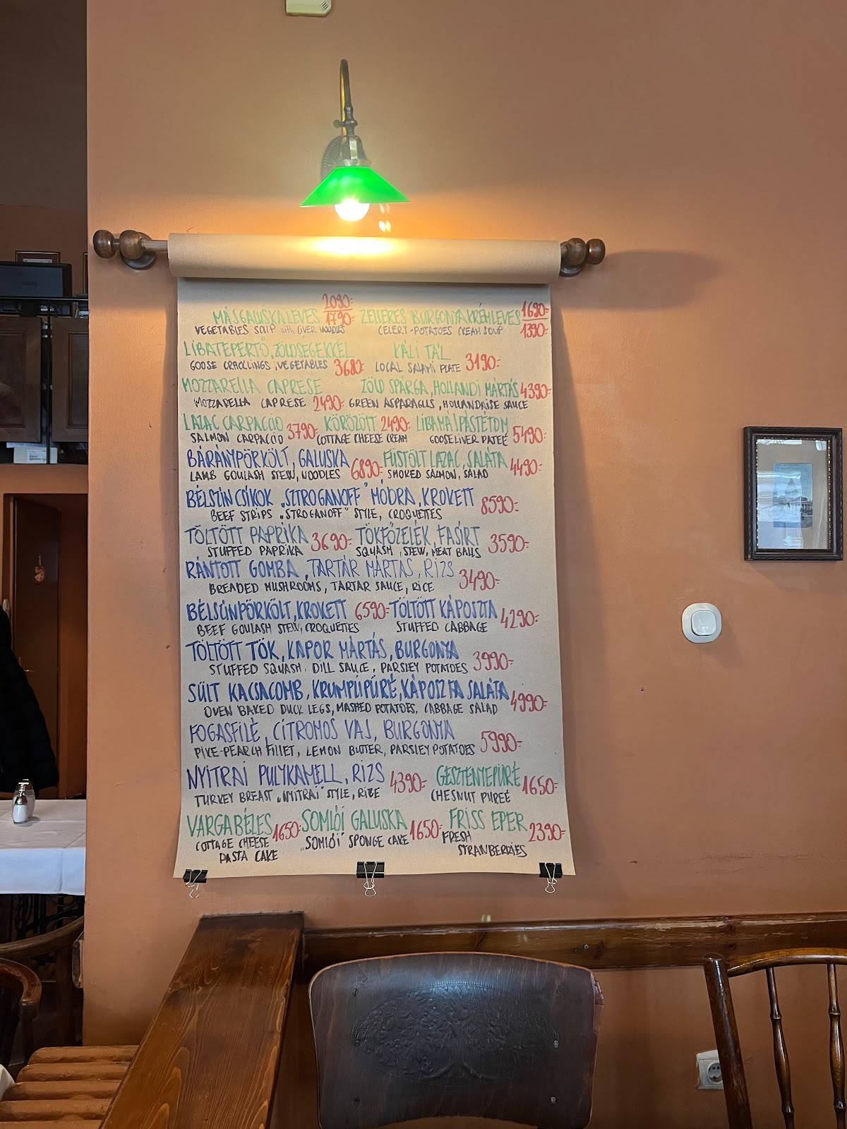 Menu at Café Kör restaurant, Budapest