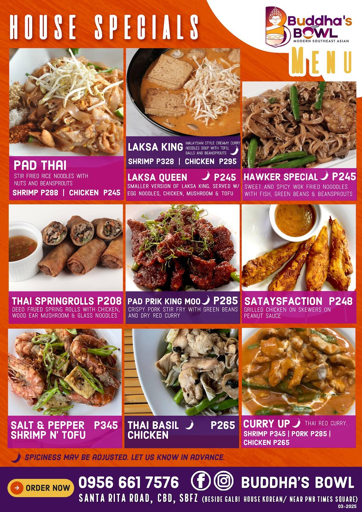 Menu at Buddha's Bowl restaurant, Subic Bay Freeport Zone