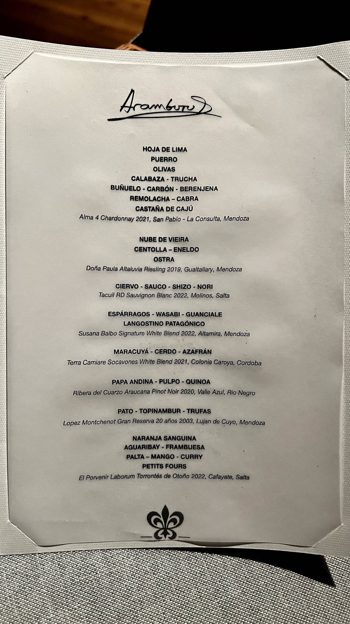 Carta de parrilla Aramburu Relais & Châteaux, Buenos Aires, Vicente ...