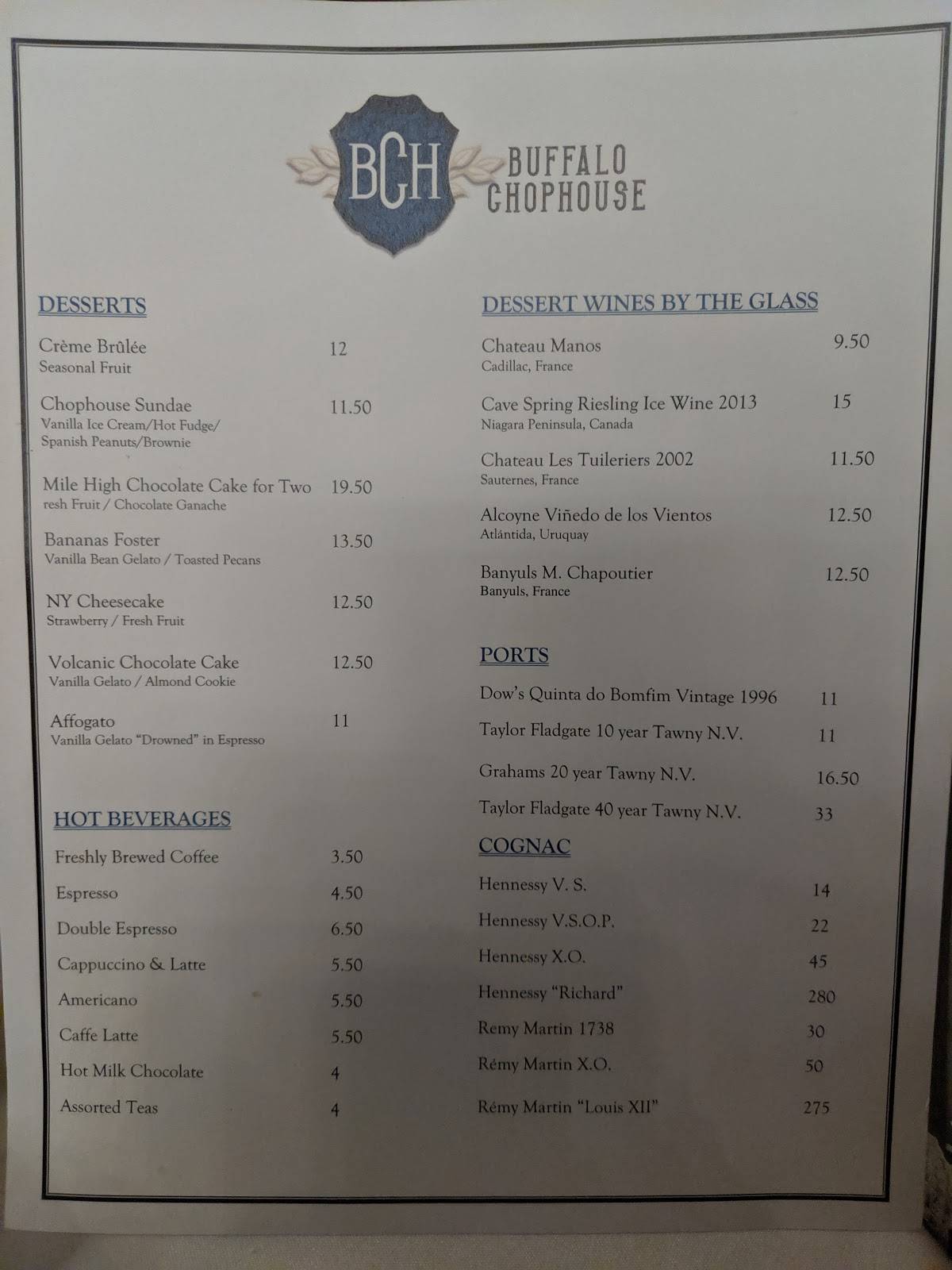 Menu at Buffalo Chophouse steakhouse, Buffalo